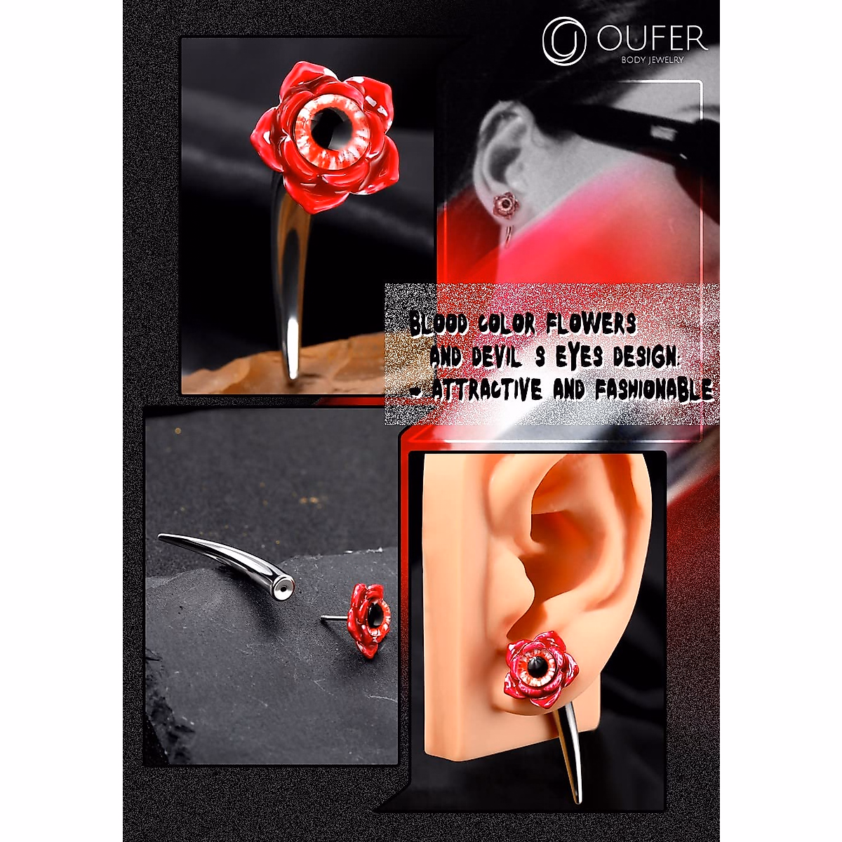 OUFER 2PCS Fake Lobe Earrings, 18G Devil's Eyes Lobe Piercing Jewelry, Fake Devil's Teeth Fake Gauges Faux Plug Taper 3D Devil's Flowers Body Piercing Jewelry For Women And Men