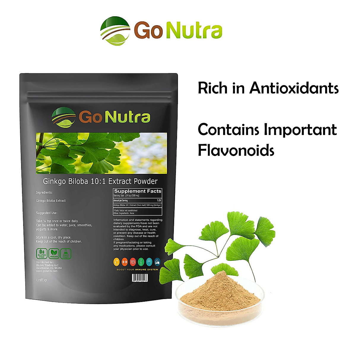 Go Nutra Ginkgo Biloba Extract Powder 10:1 Extra Strength Ginkgo Leaf | 8 oz. Pure Non-GMO