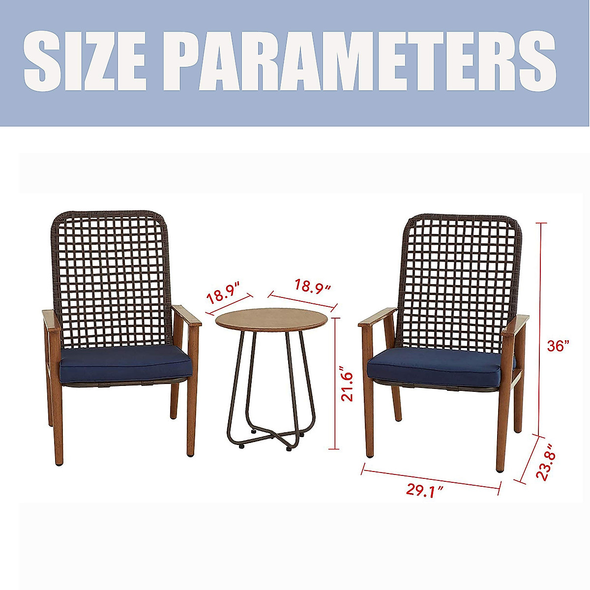 LOKATSE HOME Outdoor Patio 3 Piece Conversation Set Wicker Furniture 2 Cushioned Chairs and Side Table Modern Style, Blue