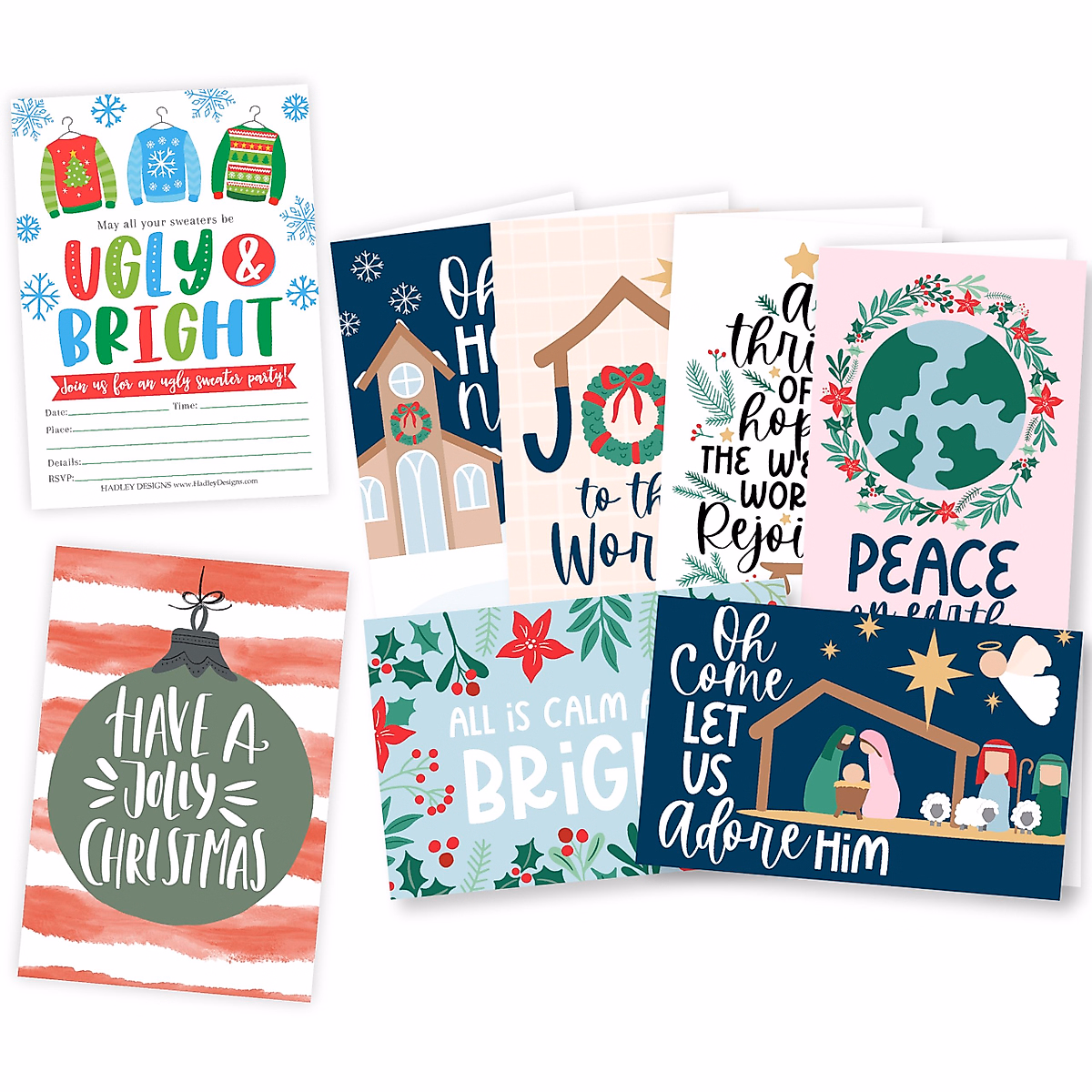 24 Doodle Religious Christmas Cards Boxed With Envelopes, 25 Holiday Party Invitations, Christmas Invite, 50 Holiday Greeting Cards, Blank Winter Postcard Set, Merry Christmas Cards