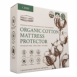 Rest LINE 100% Organic Cotton Mattress Protector. Crib and Cot Cover (28x52in),100% Waterproof,Cooling, Hypoallergenic Cover Stretches 6 to 8 Inch dept and Protects Against Wetting Accidents
