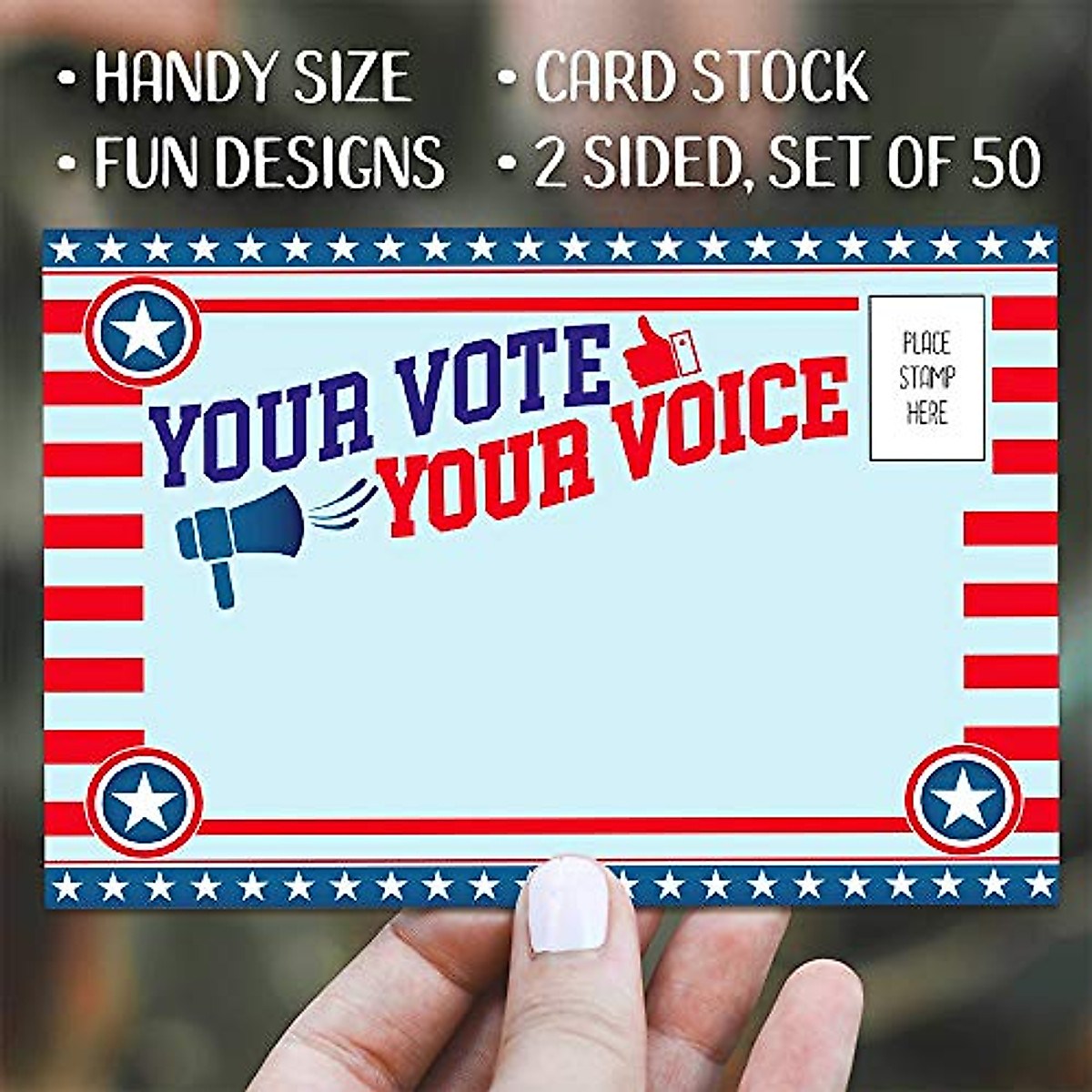 Vote Postcards Bulk - Your Vote Your Voice - Set of 100 4x6 Standard Size - American Flag Patriotism Print, Great Election Supplies, Fun and Eye-Catching Design Postcards for Family and Friends