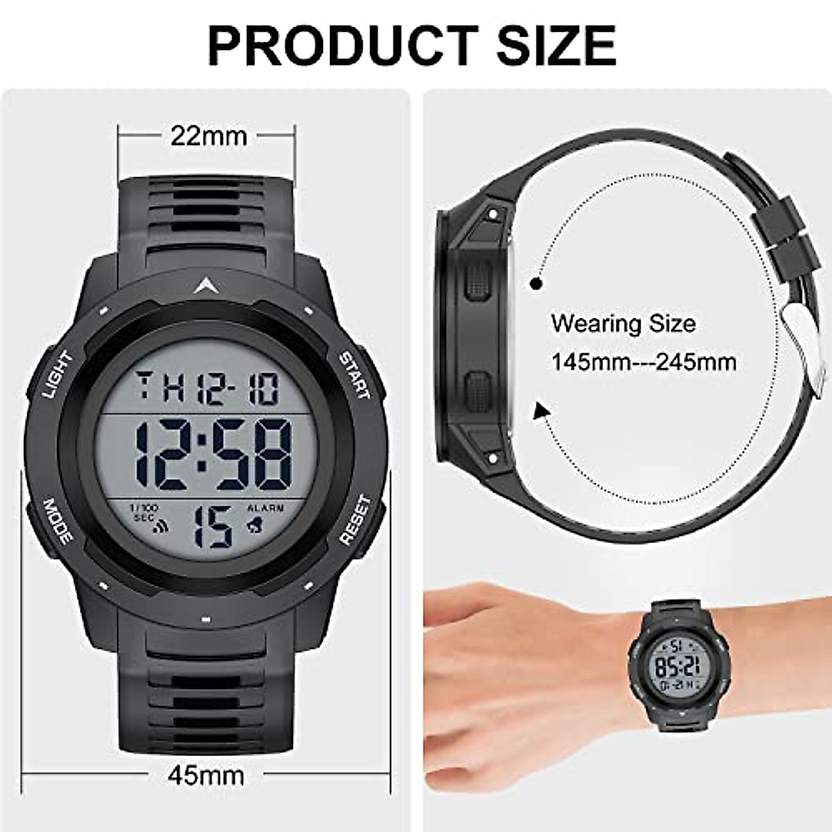 GOLDEN HOUR Mens Waterproof Digital Sport Watches Wide Screen Easy Read Display Military Style with Black Rubber Strap