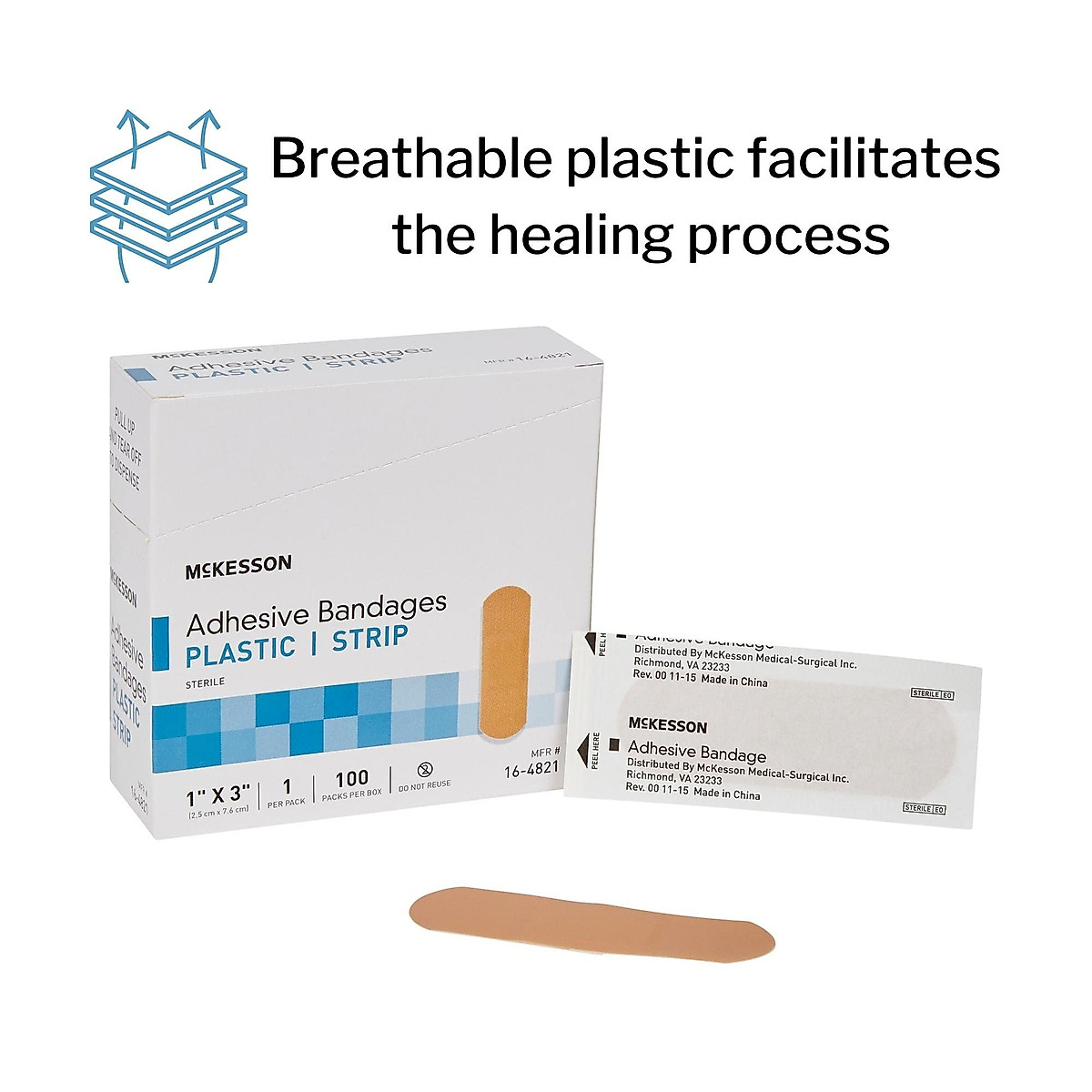 McKesson Adhesive Bandages, Sterile, Plastic Strip, 1 in x 3 in, 100 Count, 2 Packs, 200 Total