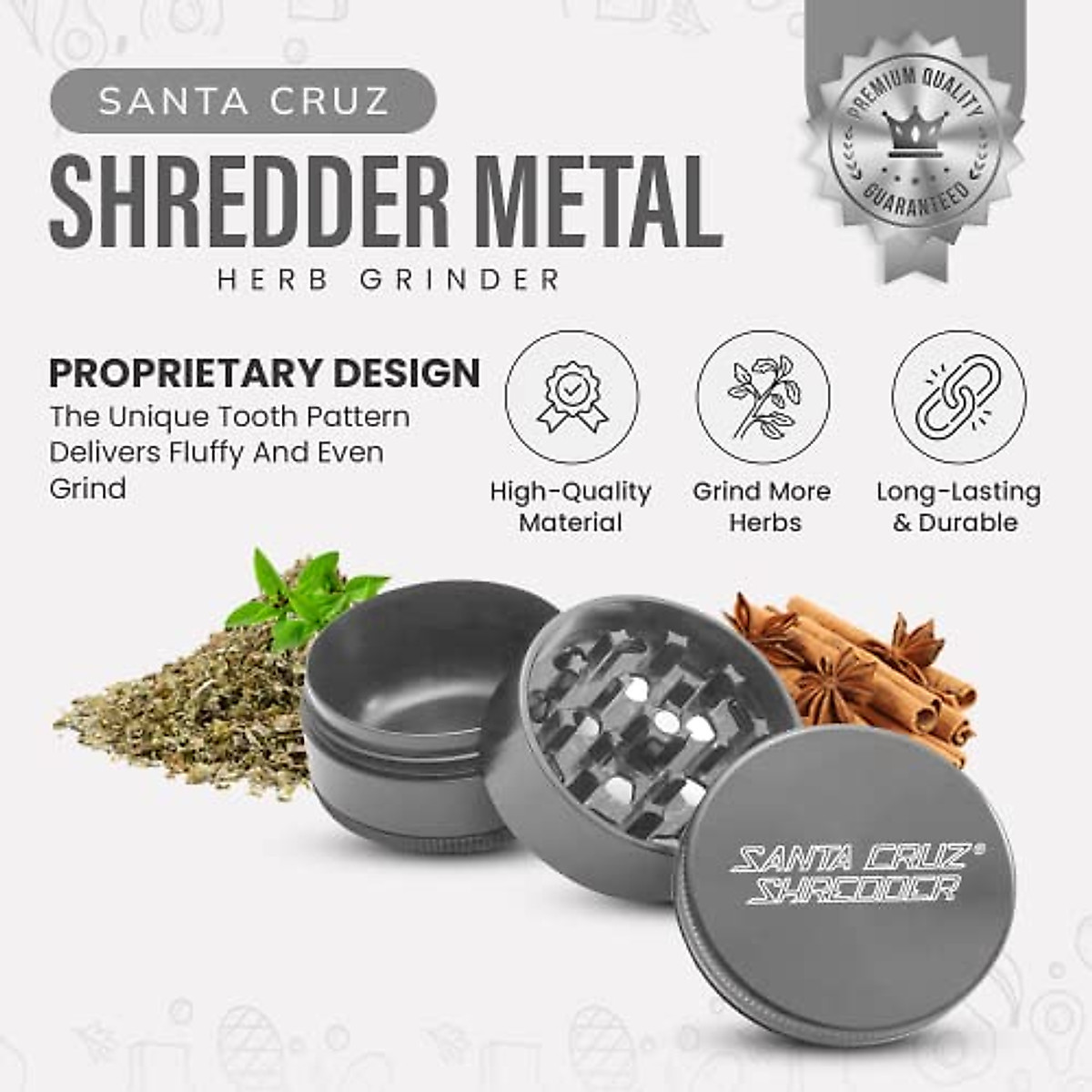 Santa Cruz Shredder Metal Herb Grinder Knurled Top for Stronger Grip 3-Piece Large 2.7" (Grey)
