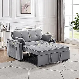 Modern Upholstered Napping Futon Sofa Loveseat Convertible to Nap Sleeper Couch Bed,3 in 1 Design Loveseat & Sofabed & Recliner Chaies for Compact Living Room