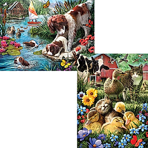 Bits and Pieces - Value Set of Two (2) 500 Piece Jigsaw Puzzles for Adults Cat Nap, Puppy Swimming - Each Puzzle Measures 18" X 24" - 500 pc Jigsaws by Artist Larry Jones
