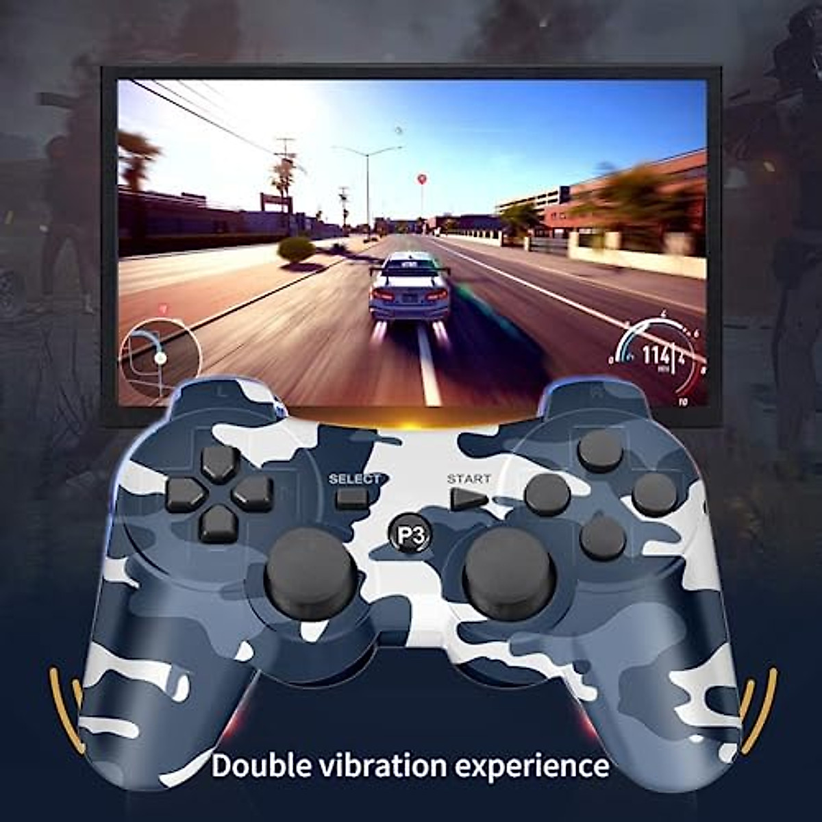 Rzzhgzq 2 Pack PS3 Wireless Controller Playstation 3 Controller Wireless Bluetooth Gamepad with USB Charger Cable for PS3 Console (Camo Brown+ Camo Blue)