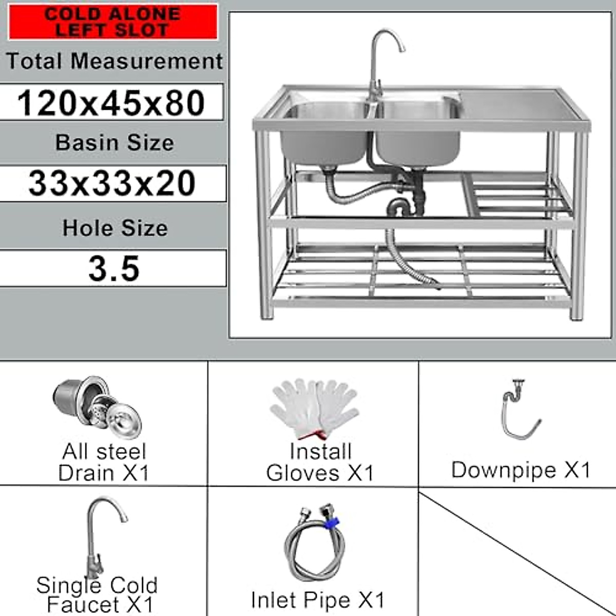 Laundry Utility Sink Freestanding Utility Sink Commercial Stainless Steel Double Bowl with Workbench and Storage Shelves with Faucet for Garage Restaurant Kitchen Laundry Room. ( Color : Cold alone Le