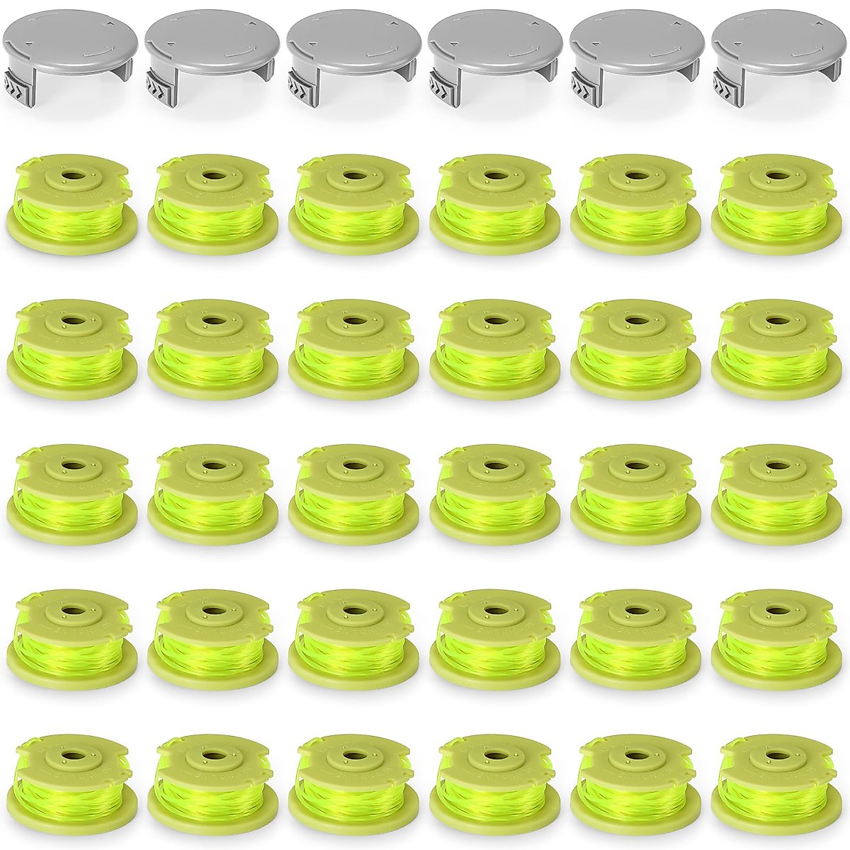 Hiboom 30 Pcs String Trimmer Line Weed Wacker String AC80RL3 Weed Rope String Twisted Weed Whip String and 6 Pcs Trimmer Cap Cover Compatible with Ryobi 18V 24V 40V Cordless Trimmers, 11 ft