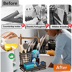 CIT ZCFYU Kitchen Sink Caddy Sponge Holder, Sink Caddy Kitchen Sink Organizer Stainless Steel, Dish Sponge Holder with Dishcloth Rack, Removable Drain Tray for Sponge, Gifts for Women & Men, Black