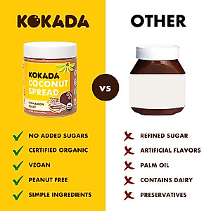 Kokada Coconut Spread, Cinnamon Toast (11oz Jar) - Peanut Free, School Safe Snack, Organic Ingredients, Vegan, Gluten Free Spread, Peanut Butter, Sunflower Seed & Cookie Butter Alternative