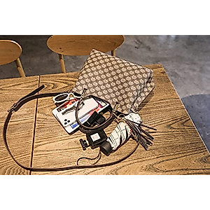 Eightown Beige Tote Bag for Women - Designer Top Handle Bag with Flowers Printing - High-capacity Shoulder Purse with Tassel Pendant(Brown strap)