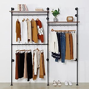 EDCB Industrial Pipe Clothing Rack with 2 Shelves, Clothes Rack Wall Mounted Heavy Duty Hanging Rack Clothing Store Display Stands Garment Rack Closet System(Black, 96.5x80.7inch)