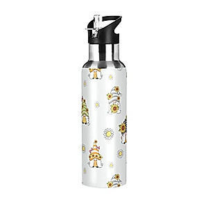 Kigai Sunflower Gnome Water Bottle with Straw Lid 32oz Vacuum Insulated Stainless Steel Sport Water Bottles for Gym, School, Travel