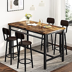 Lamerge Bar Table and Chairs Set Industrial Wood Kitchen Dining Table Space Saving Breakfast Bar Table Counter Height Pub Table with 4 PU Upholstered Chairs with Backrest 5 Pieces Home Kitchen Set