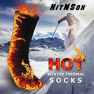 KitNSox Thermal Heat Socks for Men, Crew Heated Insulated Thick Warm Fuzzy Hiker Boot Socks for Hiking Hunting Backpacking,Large, 2 Pairs Black & Deep Gray