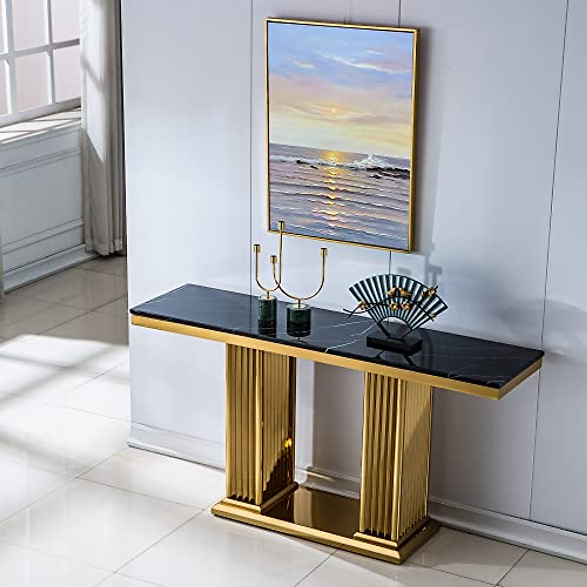 Yoluckea Contemporary Style Console Table with Marble Top and Stainless Steel Base, Gold Mirrored Finish Accent Sofa Table Entryway Hallway Table Foyer Table for Living Room, Entrance (Black)