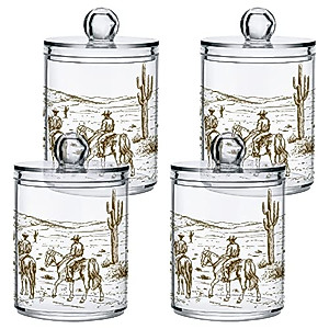 Nander 2Pack Qtip Holder Dispenser -Horse and Cactus Clear Plastic Apothecary Jars Set - Restroom Bathroom Makeup Organizers Containers for Cotton Swab, Ball, Pads, Floss