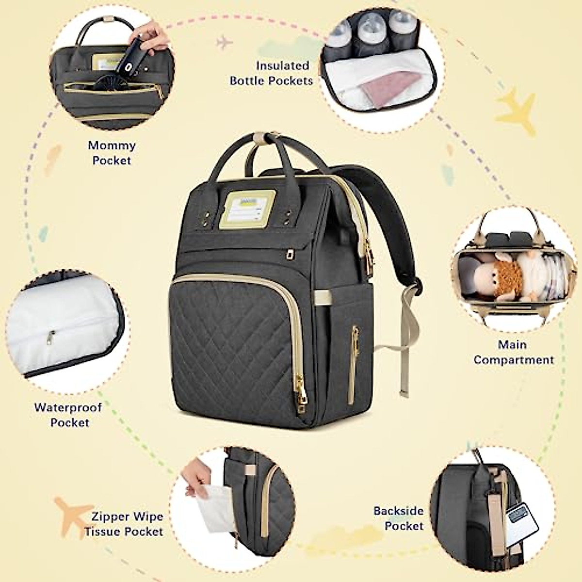 Xexxvre Diaper Bag Backpack, Multifunction Travel Back Pack Maternity Baby Changing Bags, Baby Bags for Boys Girls, Large Capacity, Waterproof and Stylish-Light black
