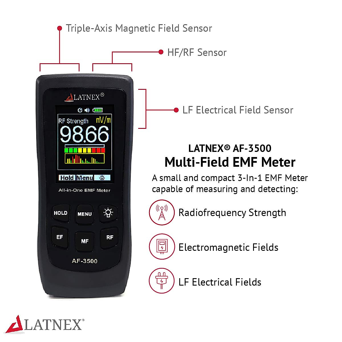 LATNEX AF-3500 EMF Meter RF Detector and Reader with Calibration Certificate - Measures RF and Microwaves, 3-Axis Gauss Magnetic Fields and Electrical Fields ELF