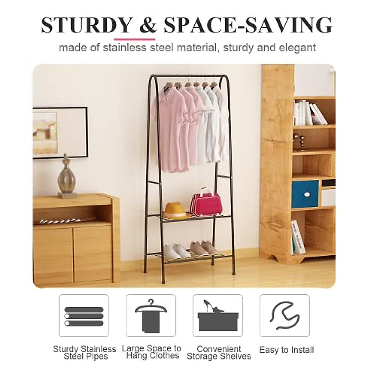 KAREZONINE Clothing Rack, Heavy Duty Clothes Rack Portable Garment Rack with 2-Tier Shelves, Double Rod Metal Coat Rack Freestanding with Bottom Shelves for Shoes Rack Organizer - Black