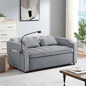 Lakifun Convertible Sleeper Sofa Bed, Modern Velvet Loveseat w/Pull Out Couch, 54.7" Loveseats Sofa w/Adjsutable Backrest, Cup Holders and USB Port, Swivel Phone Stand,Grey
