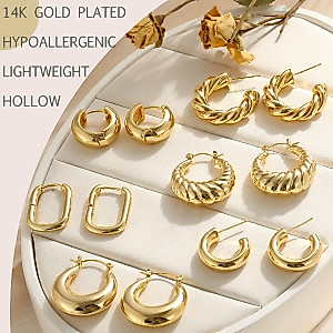 Gold Hoop Earrings for Women,14K Gold Plated Thick Hoop Earrings Pack, Chunky Hoops Set Hypoallergenic, Small Hoop Jewelry
