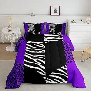 Castle Fairy,Leopard Zebra Print Comter Set Full Size Wild Animals Fur Patchwork Heart Bedding Set 3pcs Kids Girls Women Room Decor Purple Black Stripes Quilt Set Romantic Duvet Insert,2 Pillowcases