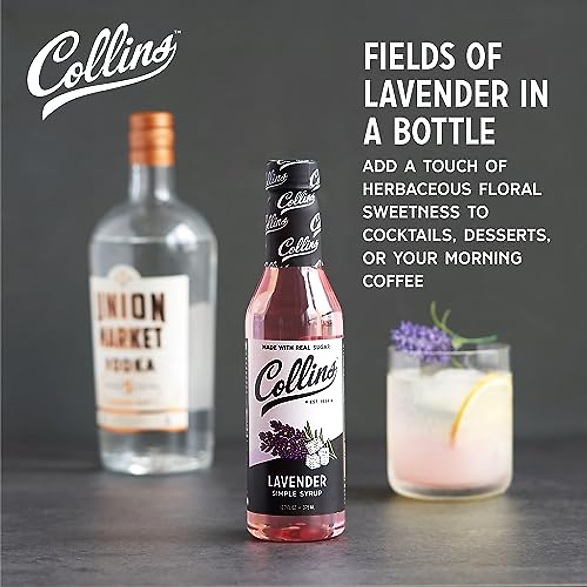 Collins Lavender Syrup - Lavender Simple Syrup Real Sugar Cocktail Syrups - Soda Water Flavors and Cocktail Mixers - 12.7oz Set of 1