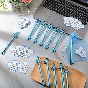 Geyoga 50 Sets Baby Shower Party Favors 50 Fancy Key Shape Pens It's a Girl/ Boy Key Gel Ink Pens 50 Thank You Cards Small Gift Cards 50 Organza Bags for Guests Gender Reveal Party Favors(Blue,Boy)