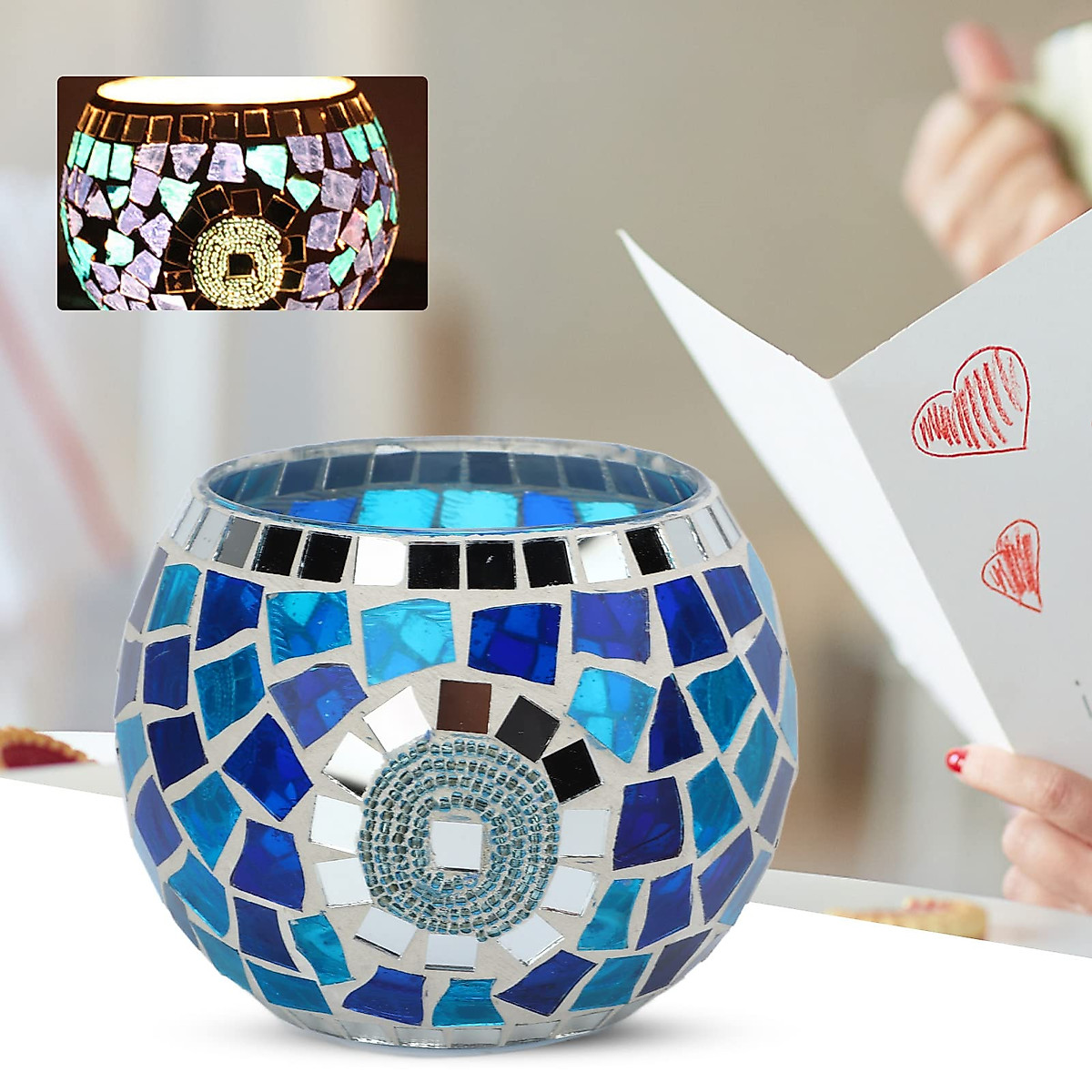 Mosaic Glass Votive Candle Holder for Tealight,Round Bowl Votive Candle Holders Pillar Candle Stands, Glass Mosaic Tealight Holders Potted Plant Bowl Vase Candle Centerpiece for Table Wedding