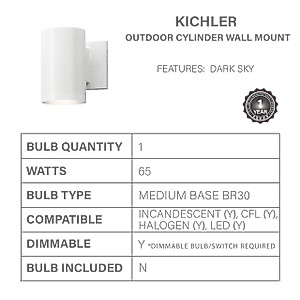 Kichler 9234WH Outdoor Cylinder Wall Mount Sconce, 7", White