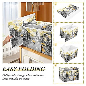 Krafig Modern Art Eiffel Tower Yellow Foldable Storage Box Large Cube Organizer Bins Containers Baskets with Lids Handles for Closet Organization, Shelves, Clothes, Toys