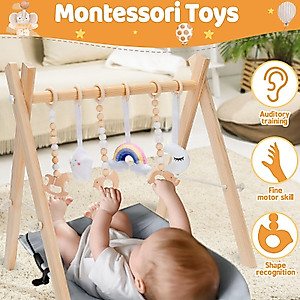 KIZZYEA Wooden Baby Play Gym, Infant Activity Gym for 0-3-6-12 Months, Wooden Foldable Frame Bar, Baby Activity Center, Newborn Montessori Gift for Boys Girls Ages 0 Month+