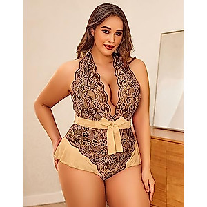 Avidlove Plus Size Teddy Lingerie for Women Lace Bodysuit Sexy Babydoll Black Skin 22W