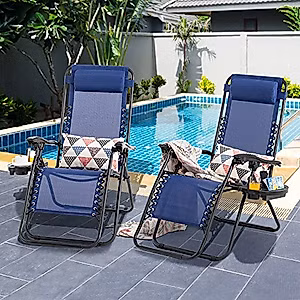 Shintenchi Patio Zero Gravity Recliner Lounge Chair, Outdoor Folding Beach Chair Recliner, Adjustable Long Chair w/ Cup Holder and Headrest, Set of 2 for Yard Garden Deck Poolside Camp, Dark Blue