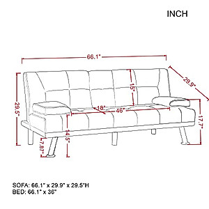 FULife Futon Sofa Convertible Sleeper Couch Bed Daybed Loveseat, Folding Recliner with 2 Cup Holders, Metal Legs, Removable Soft Pillow-Top Armrest for Living Room Small Place, Dark Grey 66.1