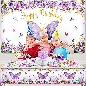 Butterfly Party Decorations, Girls Birthday Themes Decorations with Purple Balloon Arch Kit Butterfly Photography Backdrop Banner and Tablecloth for Girls Women Butterfly Birthday Decor