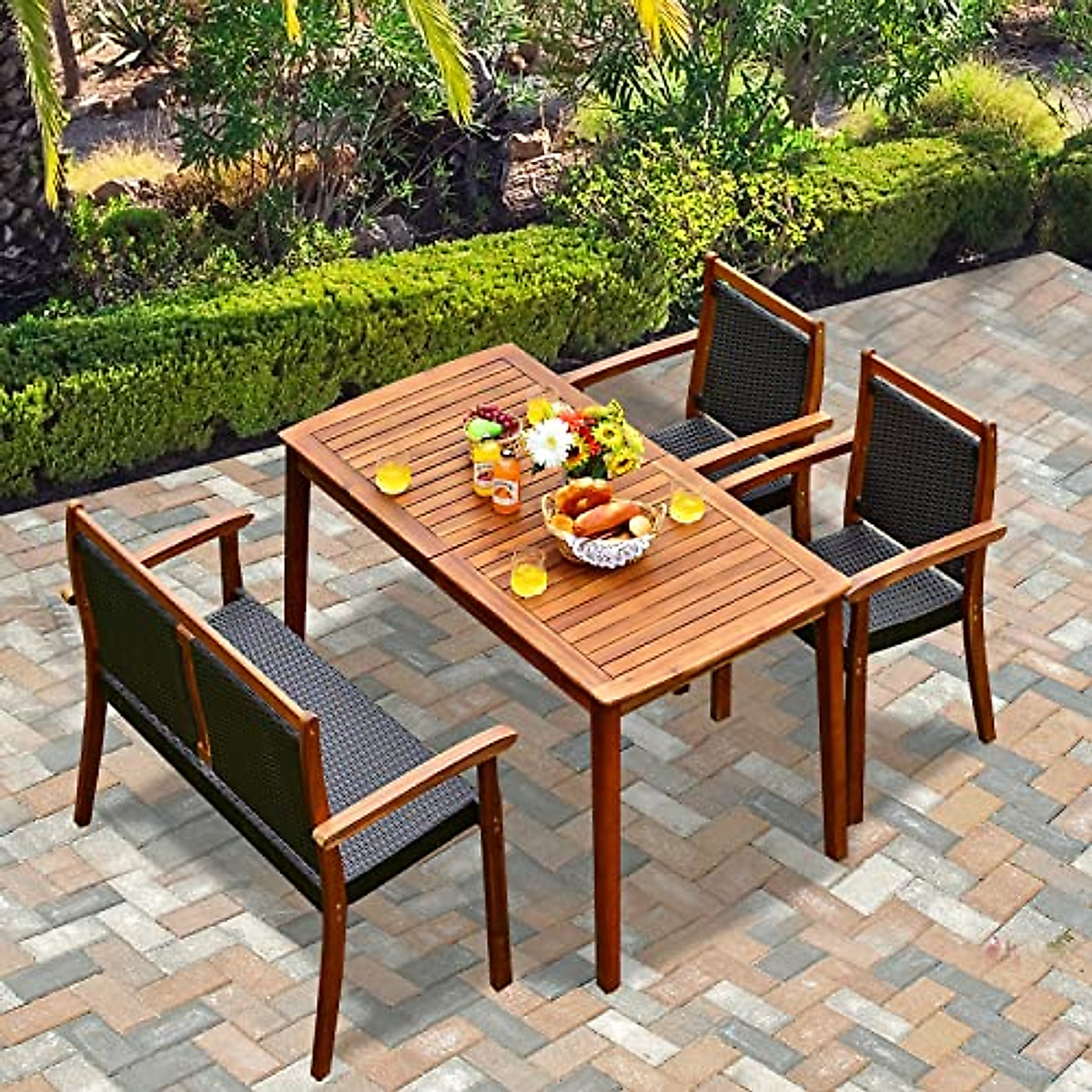Tangkula 4 Pieces Patio Dining Set for 4, Patiojoy Space-Saving Outdoor Acacia Wood Dining Table and PE Rattan Chairs Set with 1.9” Umbrella Hole, for Garden, Backyard, Deck, Poolside, Balcony