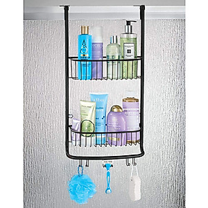 mDesign Stainless Steel Bath/Shower Over Door Caddy, Hanging Storage Organizer 2-Tier Rack with 6 Hooks and 2 Baskets - Holder for Soap, Shampoo, Loofah, Body Wash, Omni Collection, Matte Black