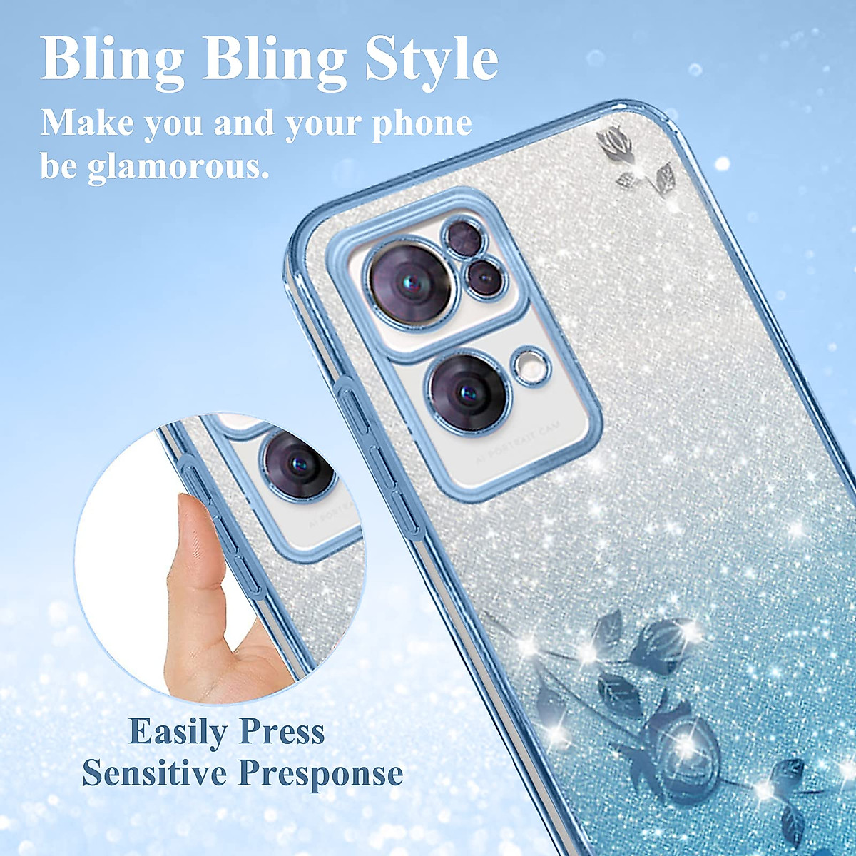 Phone Case Oppo Reno 7 pro Glitter for Women Girls Pink Floral Clear Shockproof Protector Oppo Reno 7 pro Phone Case Cover Diamond Bling Sparkle Luxury Cute Thin 2023 (Blue)
