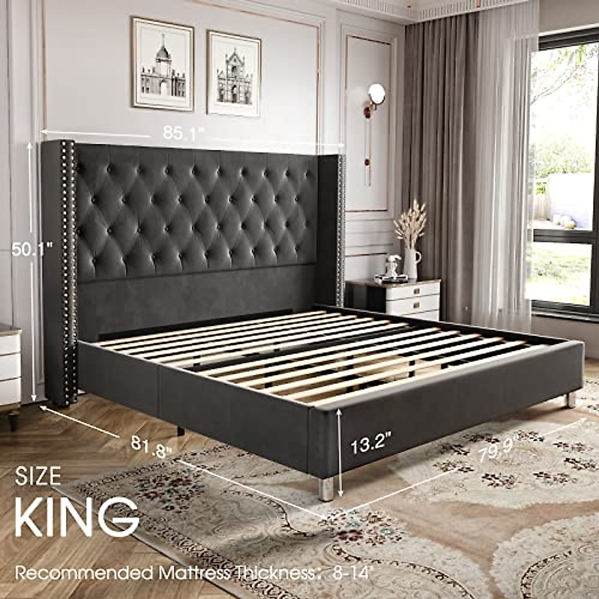 PaPaJet Tufted Upholstered Platform Bed Frame King Size Velvet Low Profile Platform Beds Raised Wingback Headboard with Strong Wooden Slats/Mattress Foundation/Easy Assembly, Dark Grey