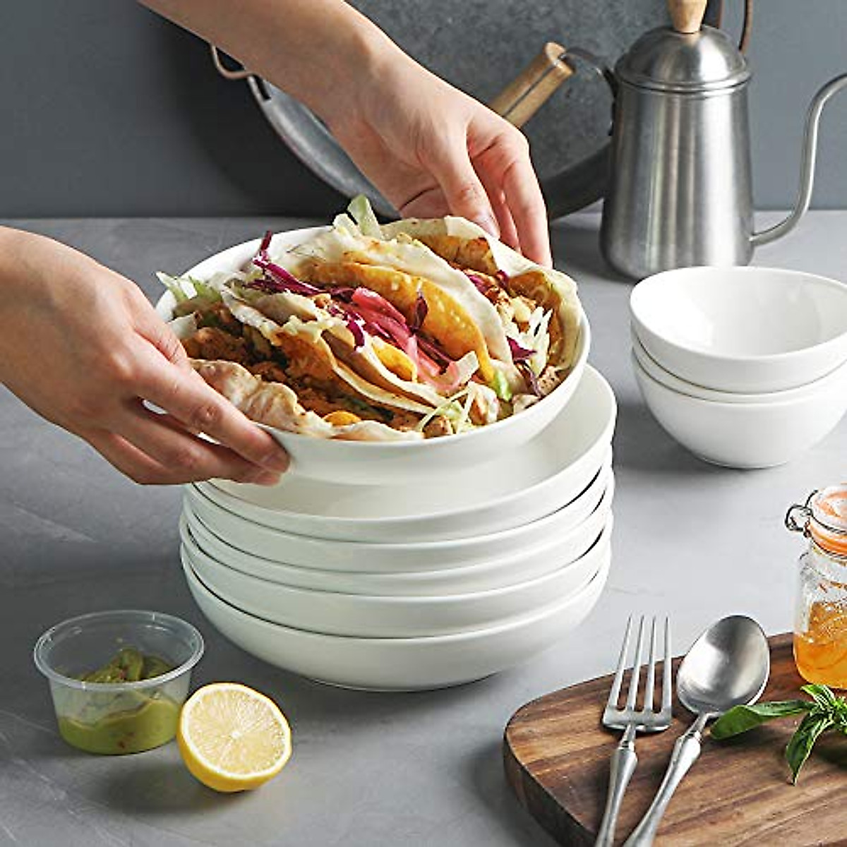 Sweejar Ceramic Pasta Bowls Set, 23 OZ for Salad, Soup, Cereal, Set of 6 (White)