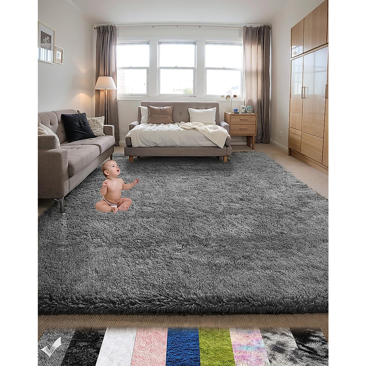 Poboton Area Rugs for Bedroom Living Room, 4X6 Ft Grey Fluffy Washable Rug, Modern Shaggy Carpets Fuzzy Rug for Kids Boys Girls Dorm Nursery Home Decor Aesthetic, Upgrade Anti-Skid Durable