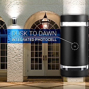 Hyperikon LED Porch Sconce Light, 12W Cylinder, Modern Outdoor Wall Lamp, 4000K Daylight, Black, Photocell, UL, 2 Pack