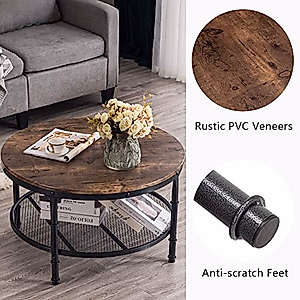 VINGLI Round Coffee Tables Living Room, 31.5" Round Coffee Table with Storage Round Wooden Coffee Table Round Farmhouse Coffee Table, Industrial Coffee Table Rustic Round Coffee Table with Metal Shelf