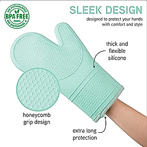COOK WITH COLOR Silicone Oven Mitts- Heat Resistant Gloves with Soft Quilted Lining Set of 2 Oven Mitt Pot Holders for Cooking and BBQ (Mint)