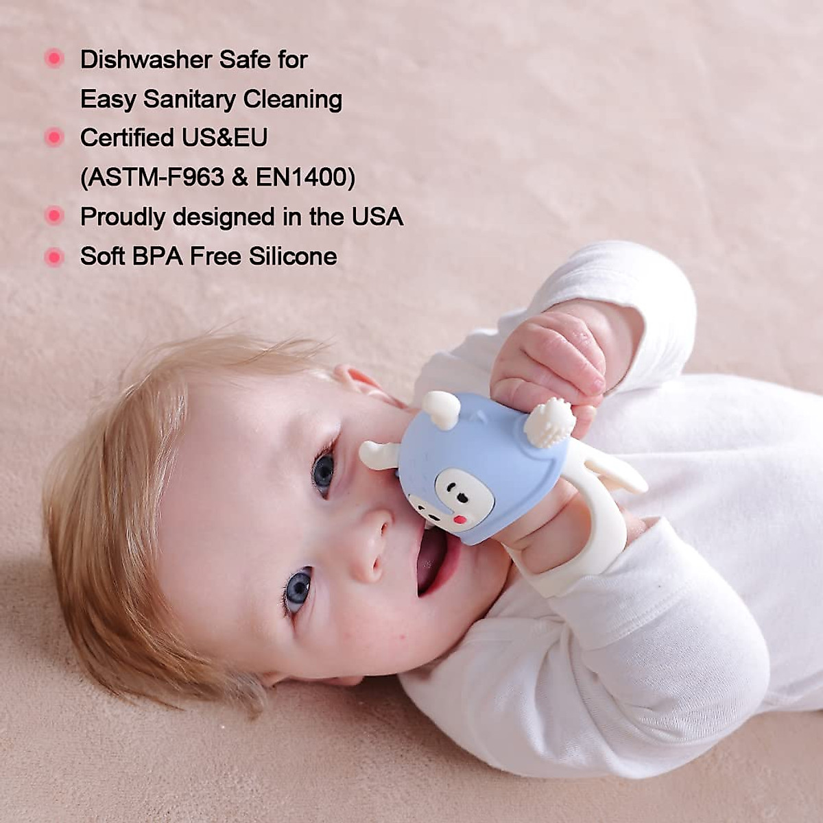 Smily Mia Reindeer Organic Baby Toys 0-6Months, Mitten for 3-6Months, Easy to Hold Stem with Chewing Nubs for Teething Pain Relief for 6-12Months Babies, Light Blue