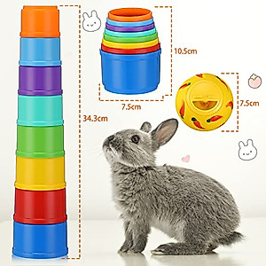 9 Pack Stack up Bunny Cups and Treat Ball for Bunny Toys Rabbit Food Dispenser Rabbit Stacking Cups Snack Ball Rabbit Toys Snack Cups Rainbow Colors Plastic Nesting Toys for Small Animals Rabbits